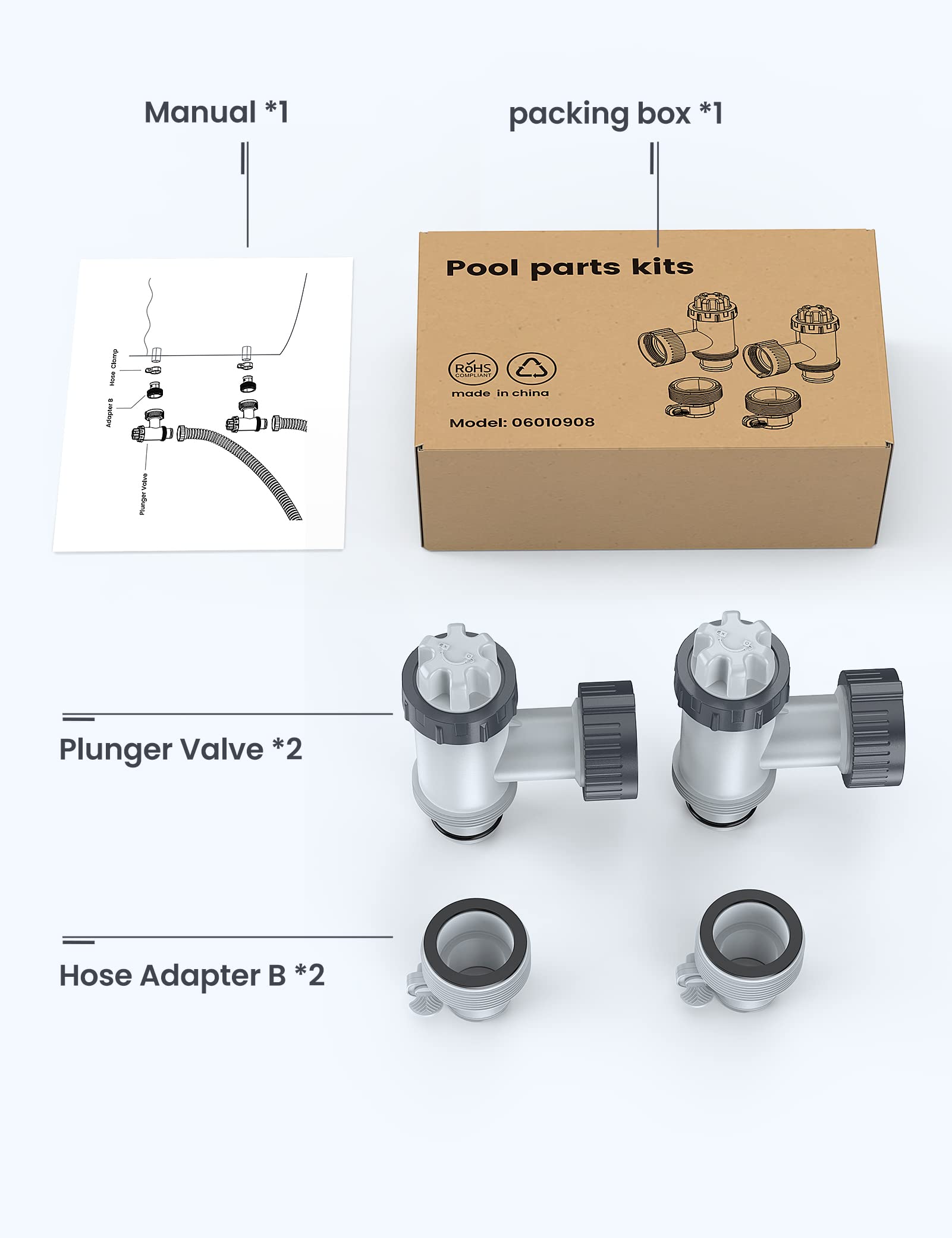 POOLHACKER Replacement Type B Hose Adapter 1.25" to 1.5" with Plunger Valve Parts for Above Ground Pool, Hose Adapter B & Shut Off Valve with Gaskets & Nuts for Above Ground Pool (2 Pack)