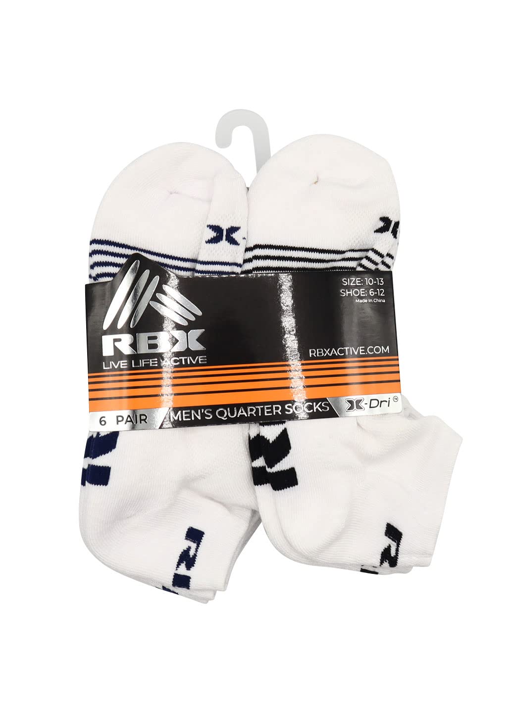 RBX Active Men's Quarter Socks X-Dri Quarter Crew Socks 6-Pack Stripe White