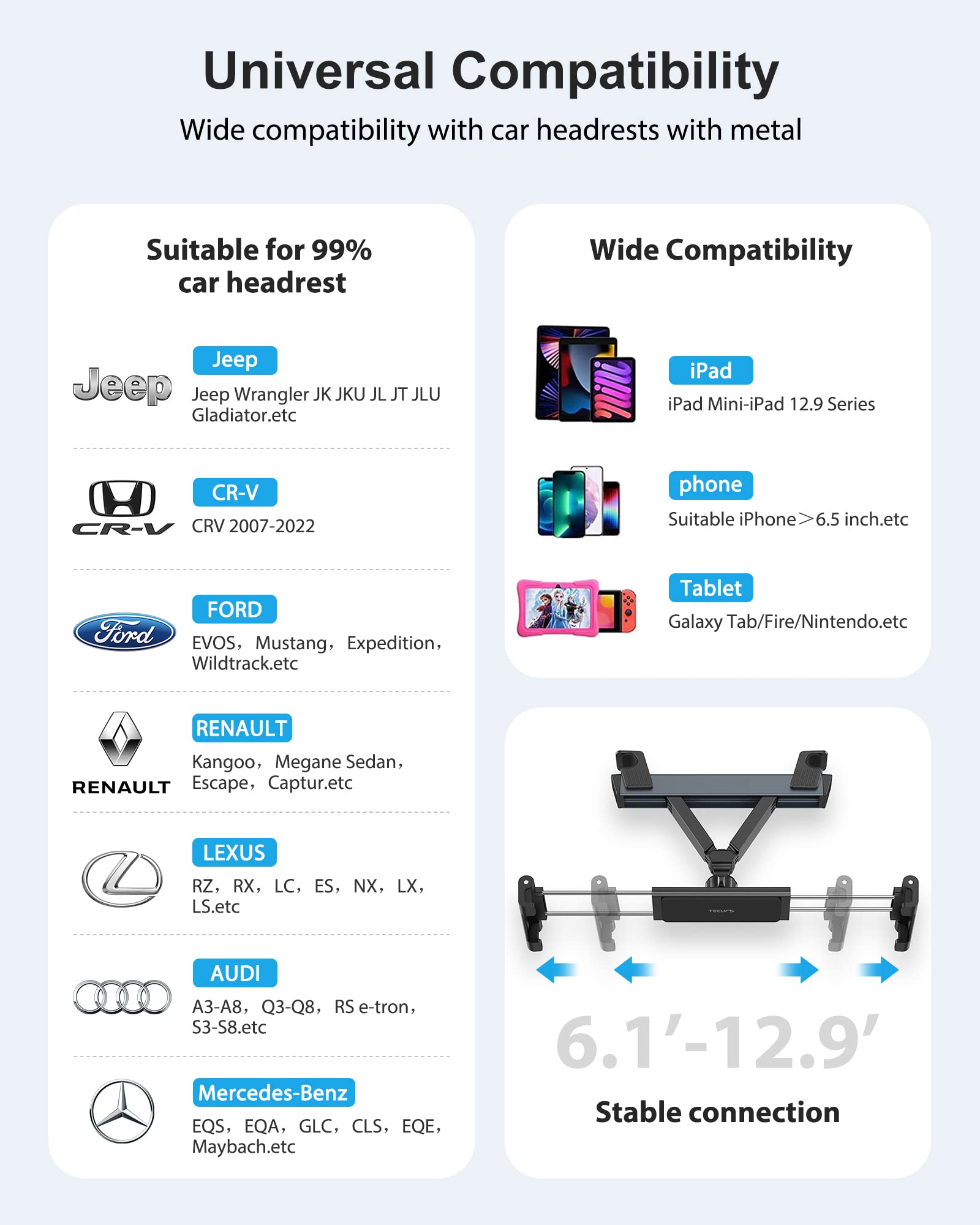 TECURS Car Tablet Headrest Holder - Car Back Seat Headrest Tablet Mount Stand for Kids, Road Trip Essentials, Compatible with iPad Pro/Air/Mini, Nintendo Switch, Other 4.7 to 12.9" Devices, Black
