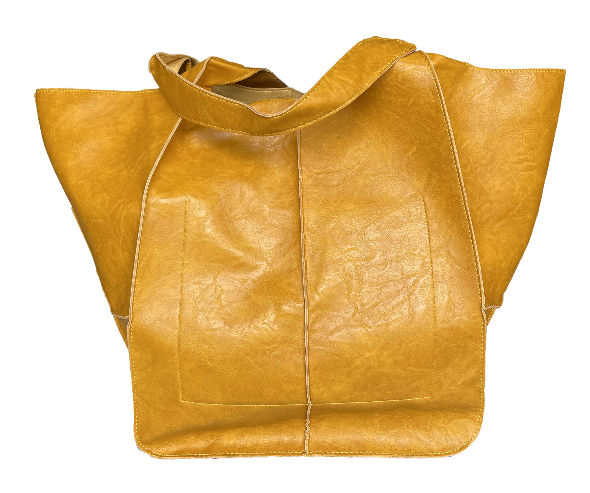 Oversized Soft Leather Shoulder Bag Foldable Hobo Bag Weekend Travel Tote (Yellow)