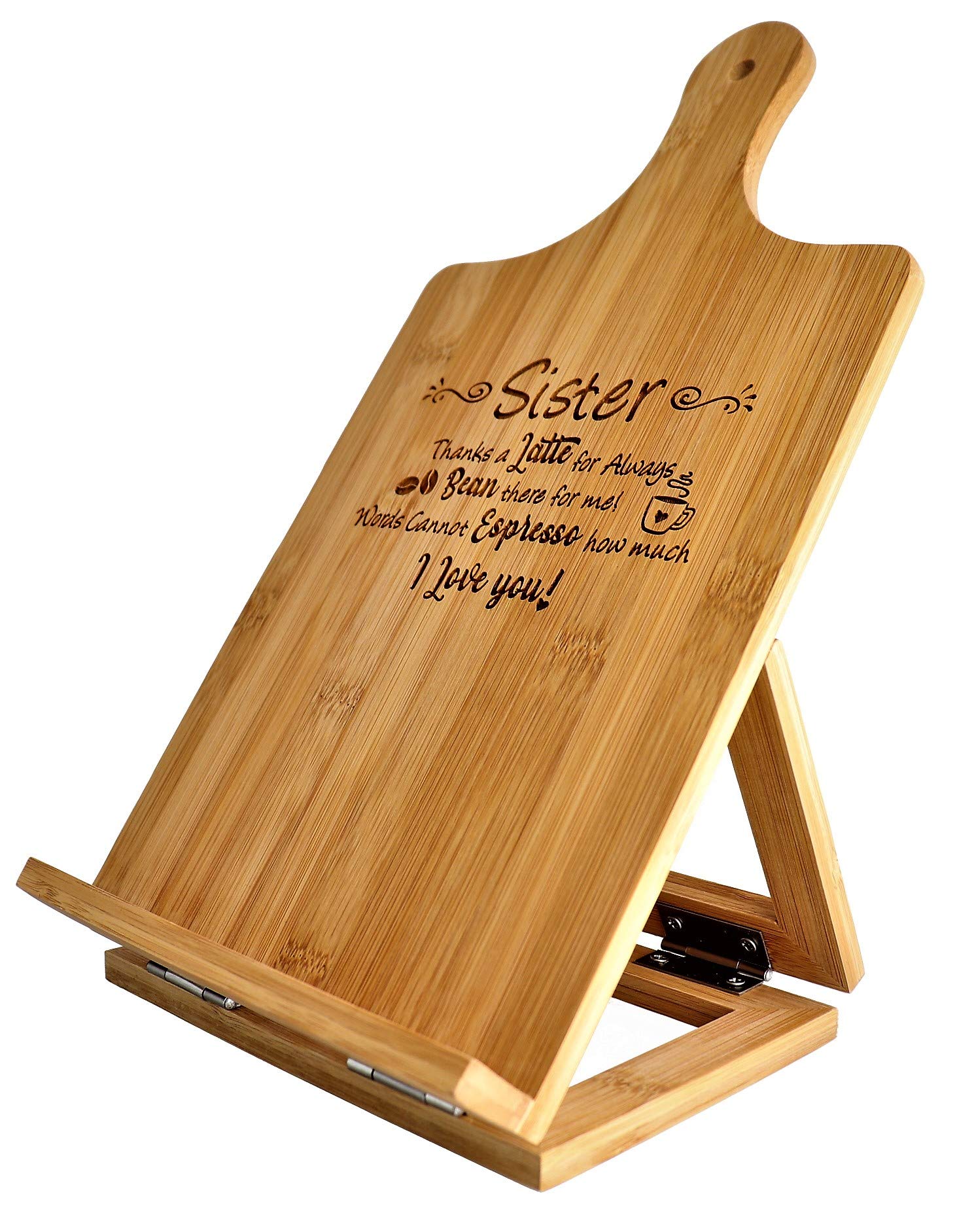 Sister Gift - Recipe Cookbook Holder Stand Custom Engraved Bamboo Cutting Board Foldable Chef Easel Metal Hinges Kickstand iPad Tablet Compatible Christmas Birthday Kitchen Decor Design (7.25x13.5)