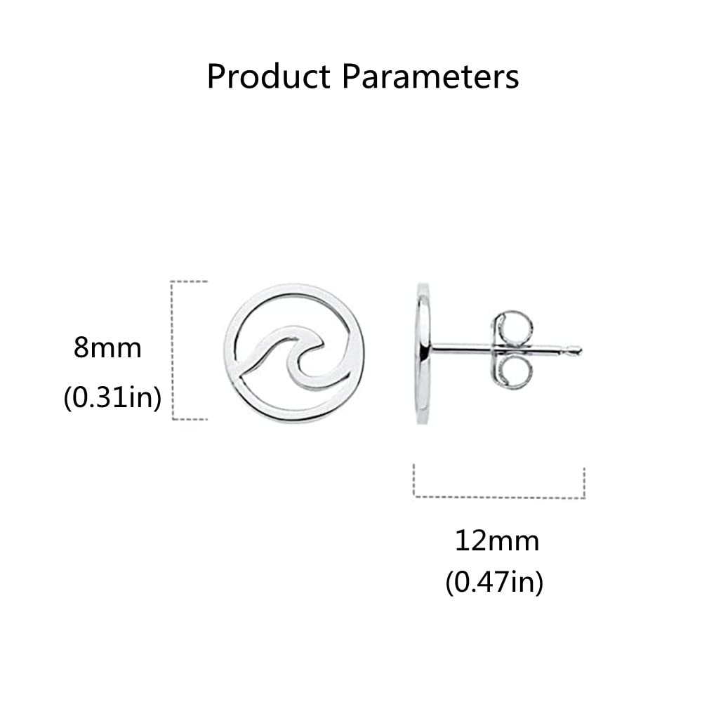 Minimalist Round Ocean Wave Tiny Stud Earrings for Women Men Sterling Silver Simple Small Studs Tragus Post Hypoallergenic Holiday Sea Beach Jewelry Gifts for Surfer Lover (Silver)