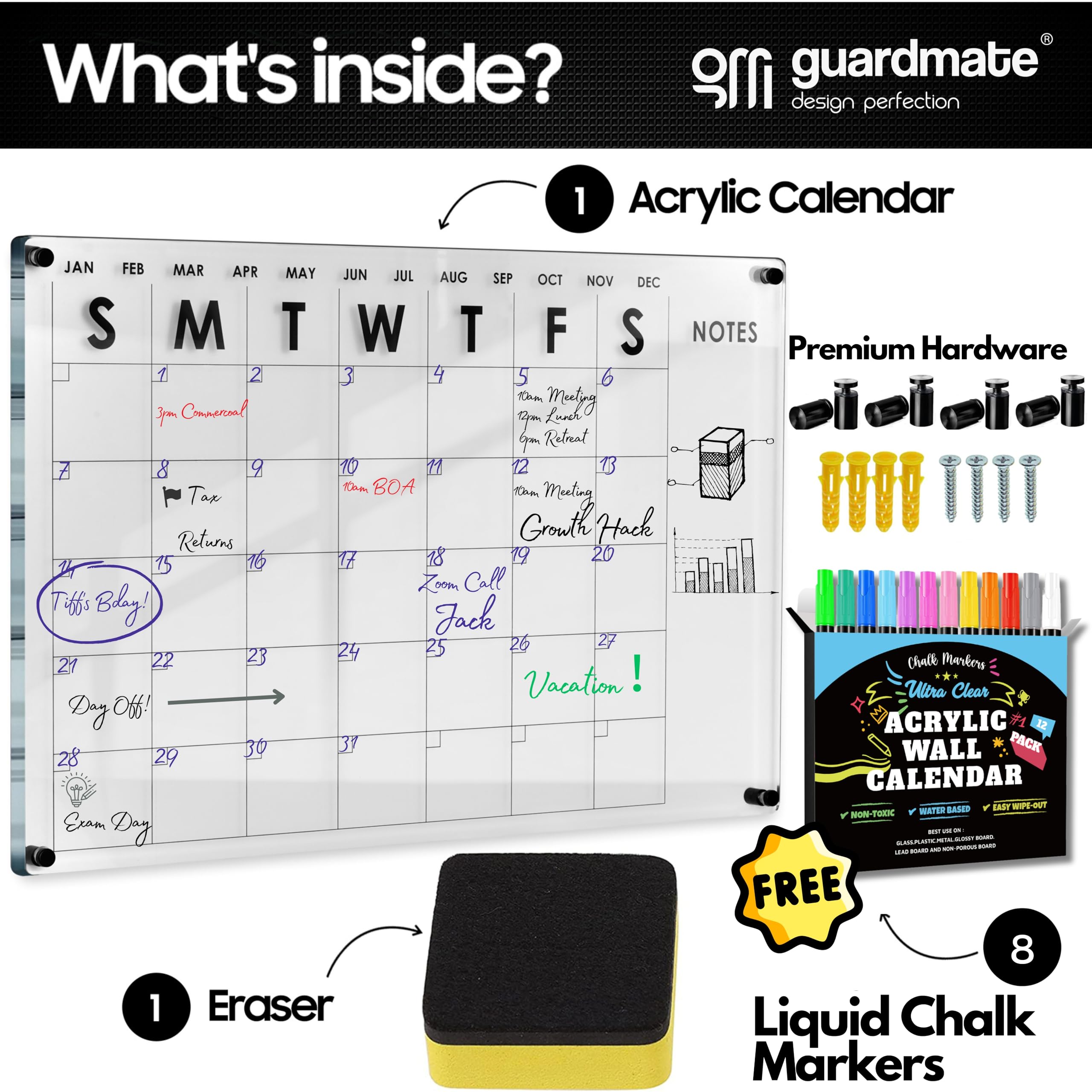 Oversize Premium Acrylic Calendar for Wall | Ultra-Thick Clear Dry & Erase Board | Home Office Monthly Glass Family Planner Guard Mate Plexiglass Whiteboard Large | 18"x14" | GUARDMATE