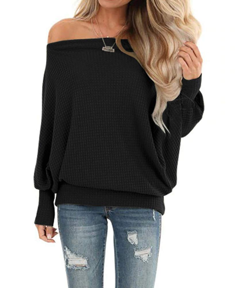 Lacozy Womenâ€s Waffle Knit Off The Shoulder Tops Casual Oversized Long Sleeve Tunic Shirts Pullover Sweaters Black 2X-Large