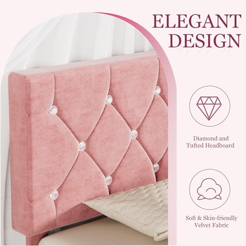 VECELO Twin Size Bed Frame, Upholstered Platform with Adjustable Diamond Tufted Headboard, Wood Slat Support, No Box Spring Needed, Velvet Pink