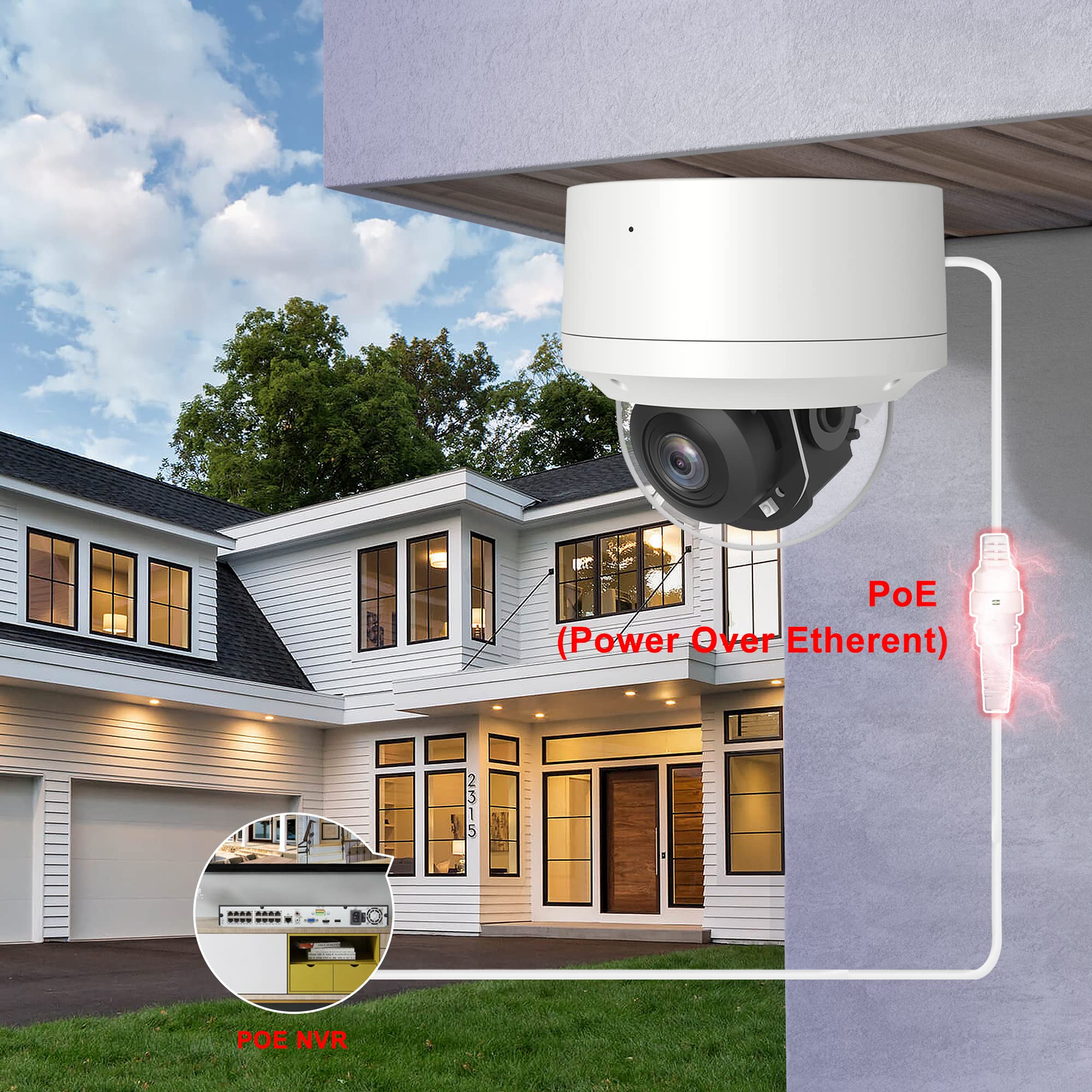Vonihome 5MP PoE Pan Tilt Network Security Camera, 2.8mm Lens, Pan 0~355° Tilt 0~90°, Mic. Audio in, Waterproof, 80ft IR, 2.5'' IP Dome Camera, Compatible with Third-Party NVR and Software