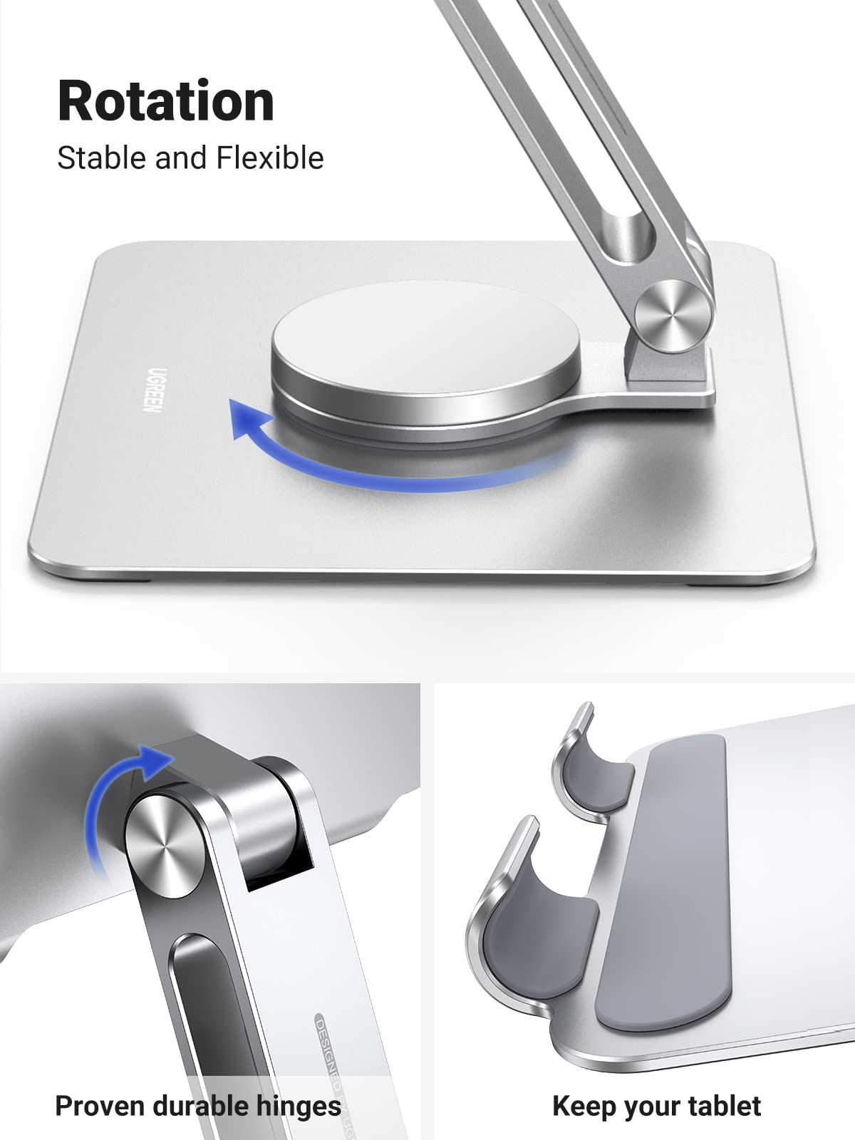 UGREEN 360° Rotating Tablet Stand Holder Adjustable with Rotating Base, Foldable Tablet Holder for Desk, Home Office Desk Accessories Compatible with iPad Pro 12.9/Air/Mini 6/5/4/3/2 Silver