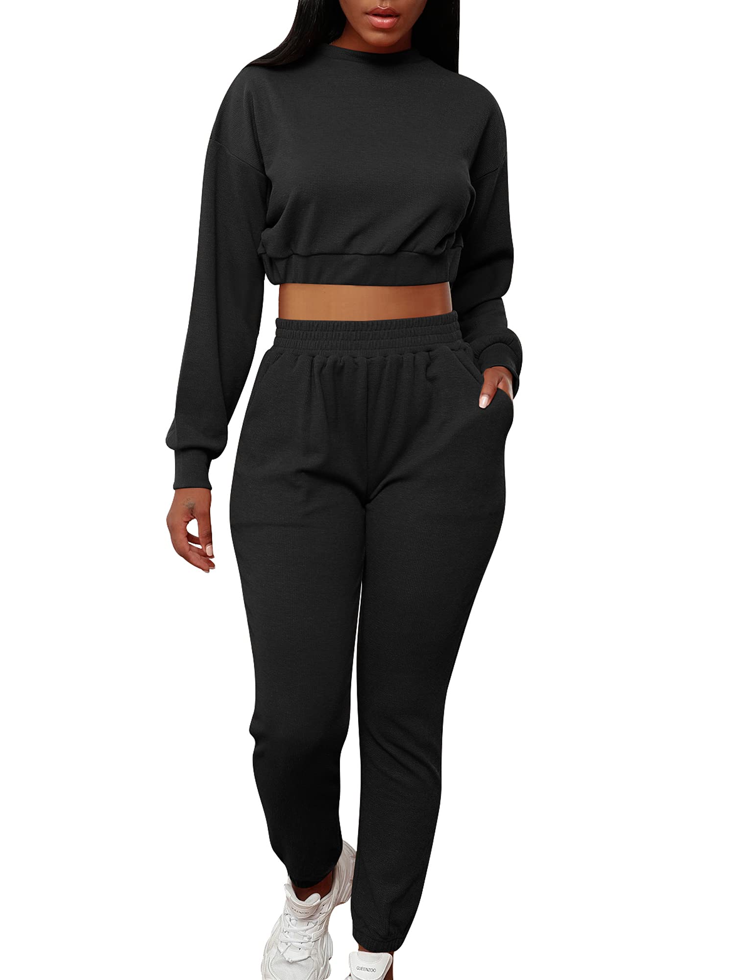 Mizoci Women's 2 Piece Outfits Lounge Jogger sets Long Sleeve Crop Top Pant Sweat Suit Tracksuit,Large,Black