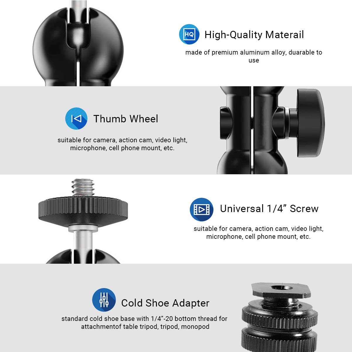MOSHUSO Ballhead Ball Head Mount w/Cold Shoe Adapter 1/4" Screw, for Field Monitor Microphone LED Light, for Small Camera, Pack of 2
