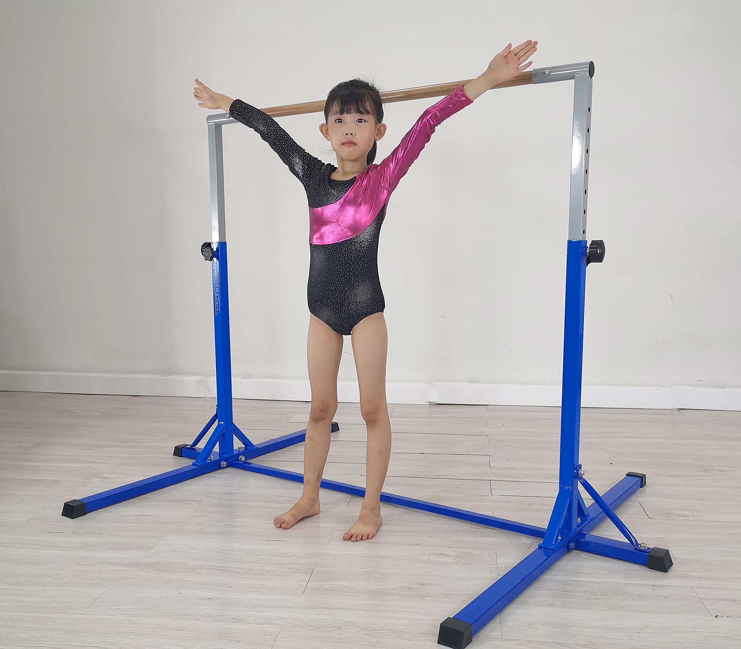 Seliyoo Expandable Gymnastics Bars with mat/Without mat,Horizontal Bars with Base Length 5FT,Adjustable from 33" to 49", Weight Limit 200 LBS for Kids Gymnastics at Home or Gym (Light Blue)