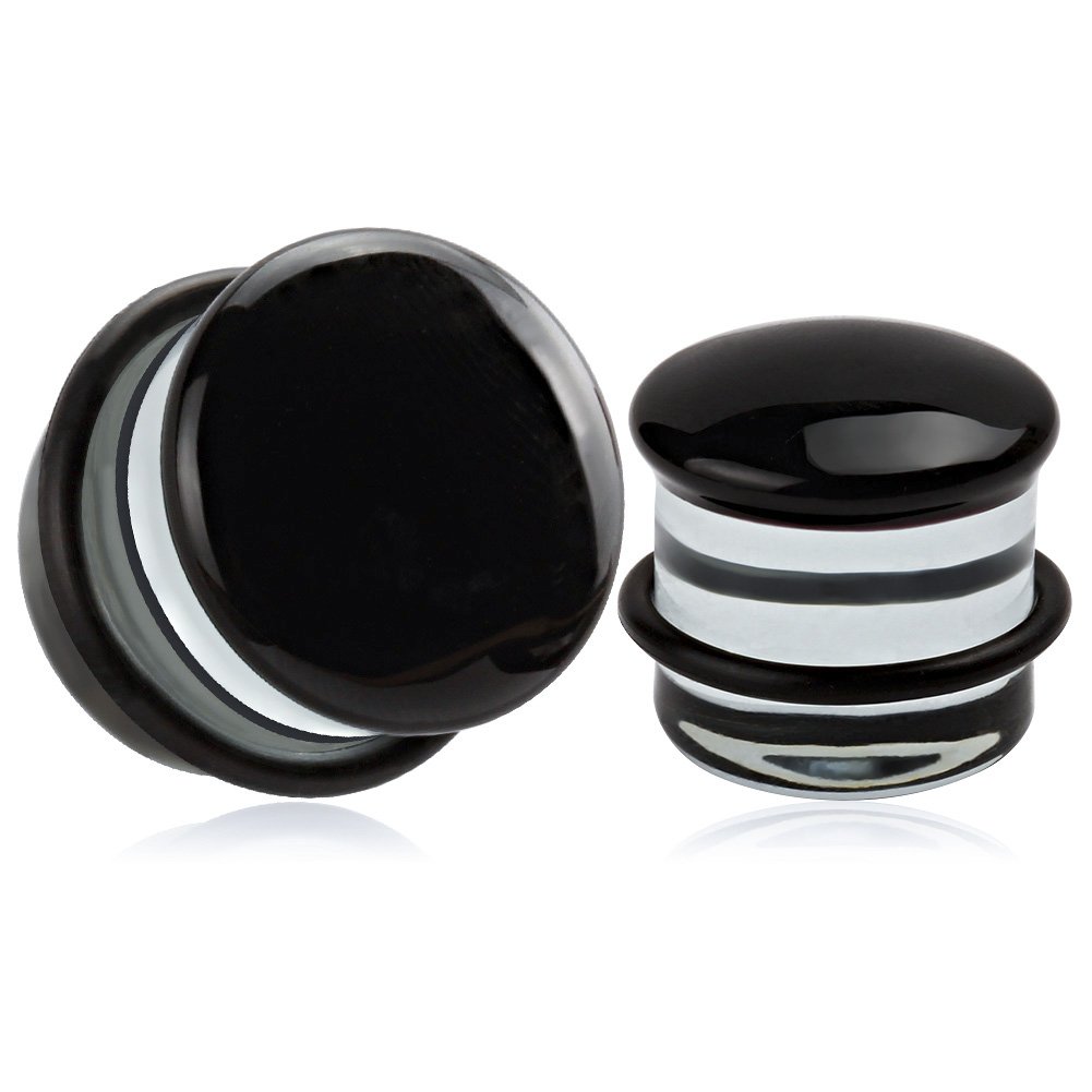 KUBOOZ(1 Pair Black-surface Glass O-Ring Ear Plugs Tunnels Gauges Stretcher Piercings