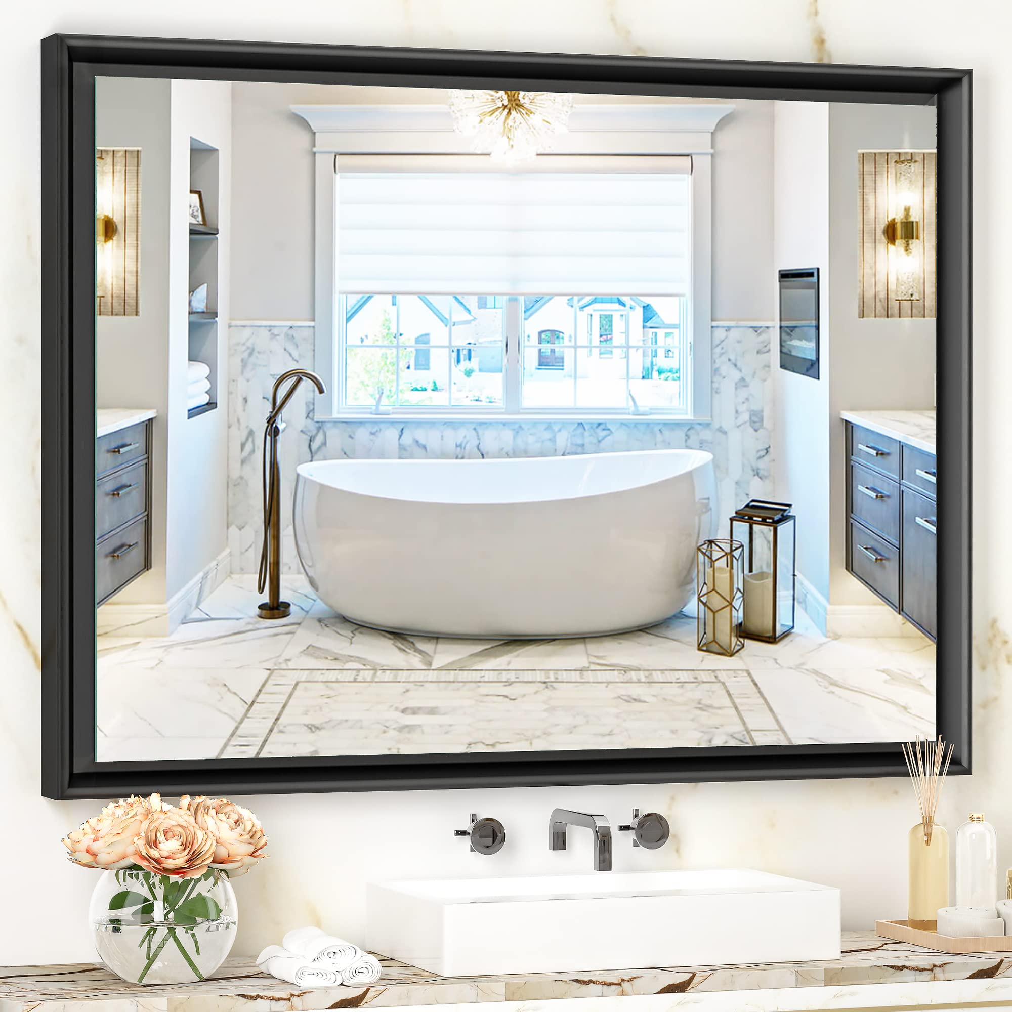 Vosuja 55 x 36 Inch Bathroom Mirrors for Vanity, Black Mirror for Bathroom, Wall Mirror for Bathroom in Aluminum Alloy Metal Frame, Rectangular Wall Mounted Mirror (Horizontal/Vertical)