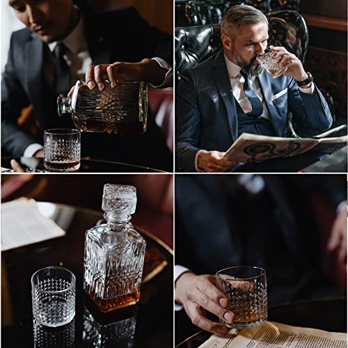 Whiskey Decanter Set 7 Pieces ,Crystal Whiskey Bottle With Glass Stopper, 4 Whiskey Glasses, 6 Cooling Whiskey Stones and Ice Clips, Whiskey, Scotch, Men, Holiday Gifts, Bar Essentials, 32OZ