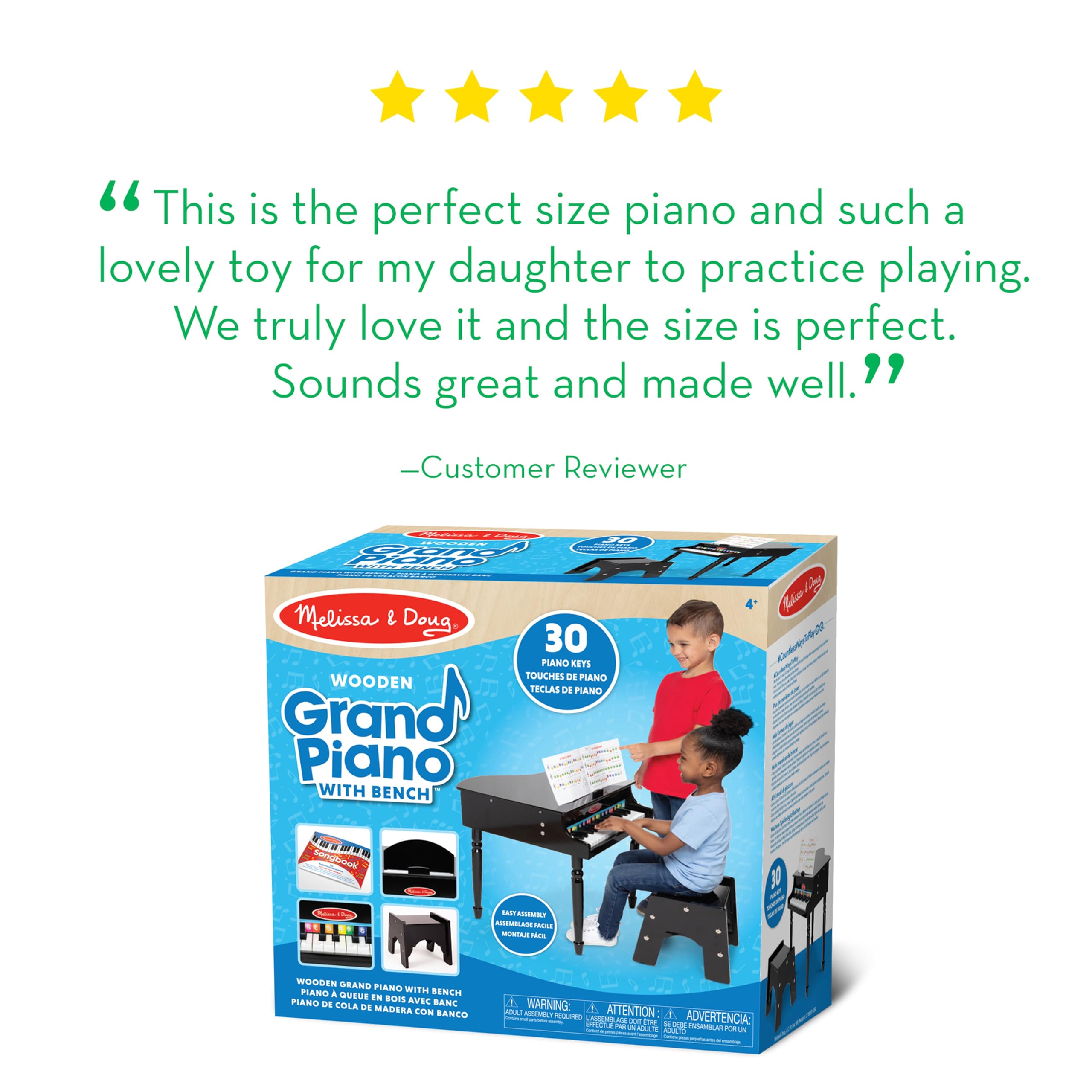 Melissa & Doug Learn-to-Play Classic Grand Piano, Mini Keyboard with 30 Hand-Tuned Keys (23.65” H x 21.4” W x 10.05” L)