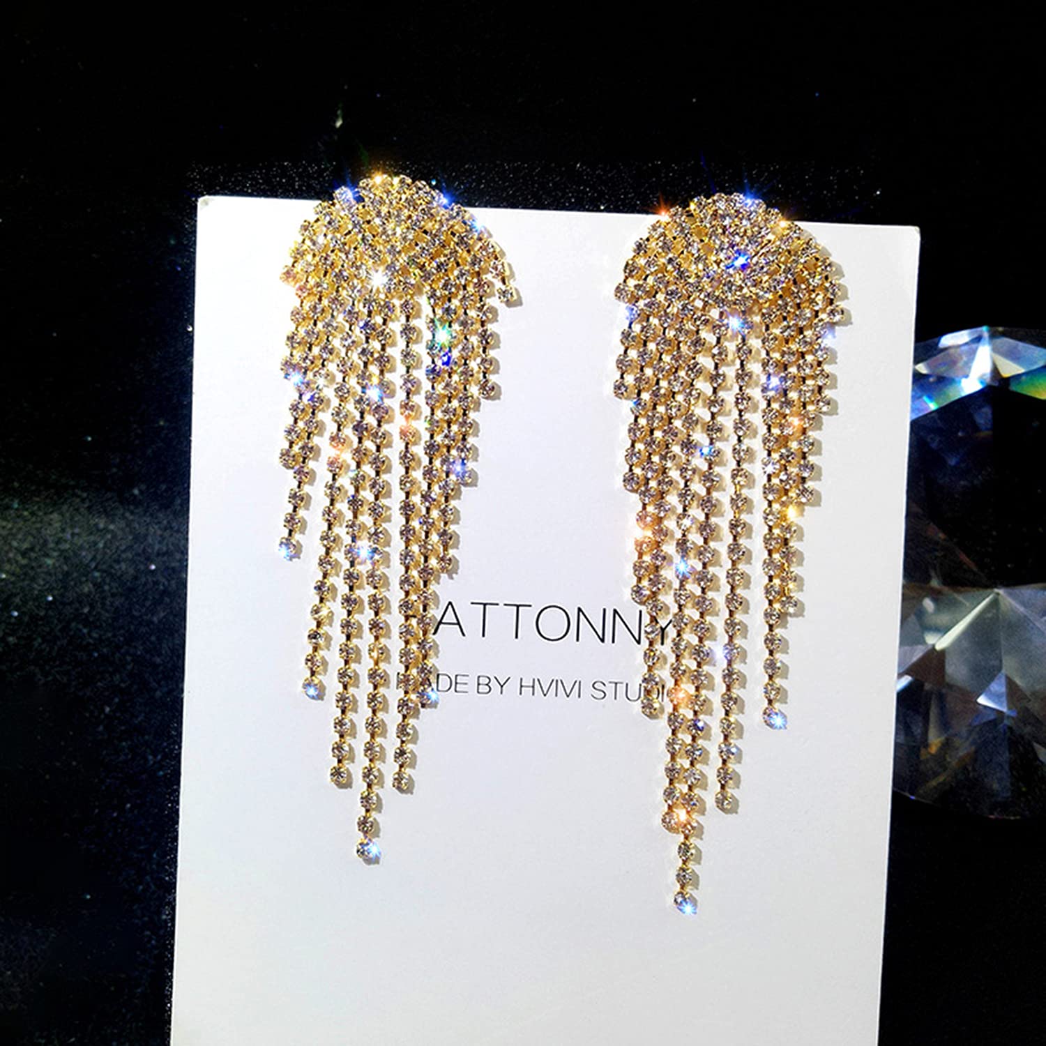 Luxury Women's Long Fringe Sparkling Crystal Drop Earrings Glossy Rhinestone Dangle Earrings Bridal Wedding Party Jewelry (Sparkling Crystal Drop Earrings-Gold)
