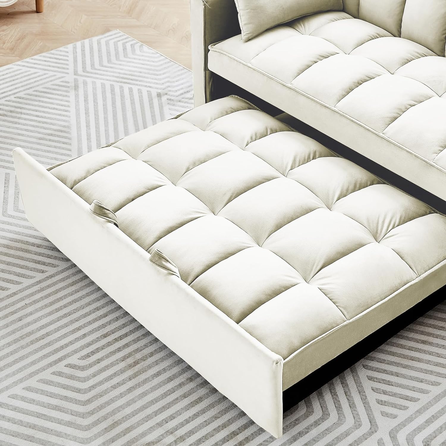 Velvet Sleeper Sofa Couch Bed,3 in 1 Small Modern Convertible Loveseat Futon Sofa with 3 Level Adjustable Backrest, Storage Pockets, Toss Pillows, Pull Out Loveseat Sleeper for Living Room (Beige)