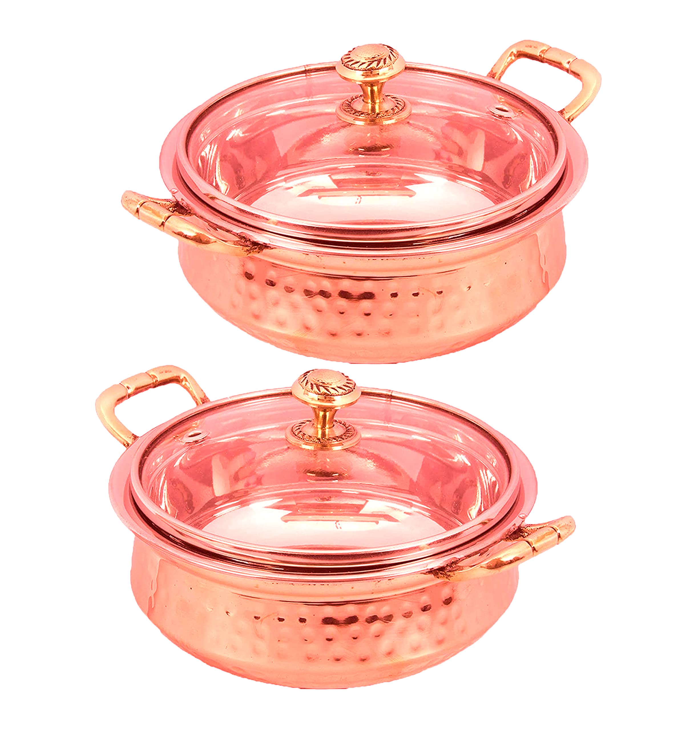 PARIJAT HANDICRAFT Indian Hammered Copper Serving Bowl for Food Soup with Handle and Glass Lid Decorative Small Seveware Pack of 6