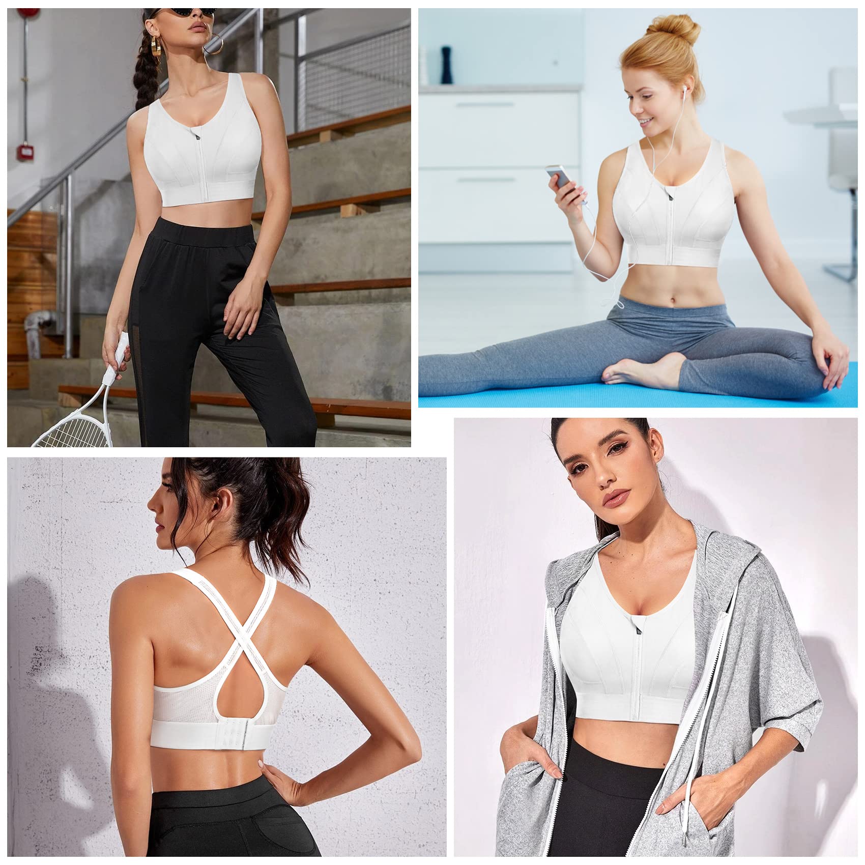 Rolewpy High Impact Front Closure Sports Bras for Women with Zipper Workout Bras Full Coverage Padded Racerback Bra White