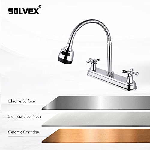 SOLVEX 2 Handle Kitchen Sink Faucet, High Arc 360 Swivel Stainless Steel Pipe 3 Hole Kitchen Faucet, Commercial Modern Chrome Kitchen Sink Faucet with Flexible Spout, SP-80202
