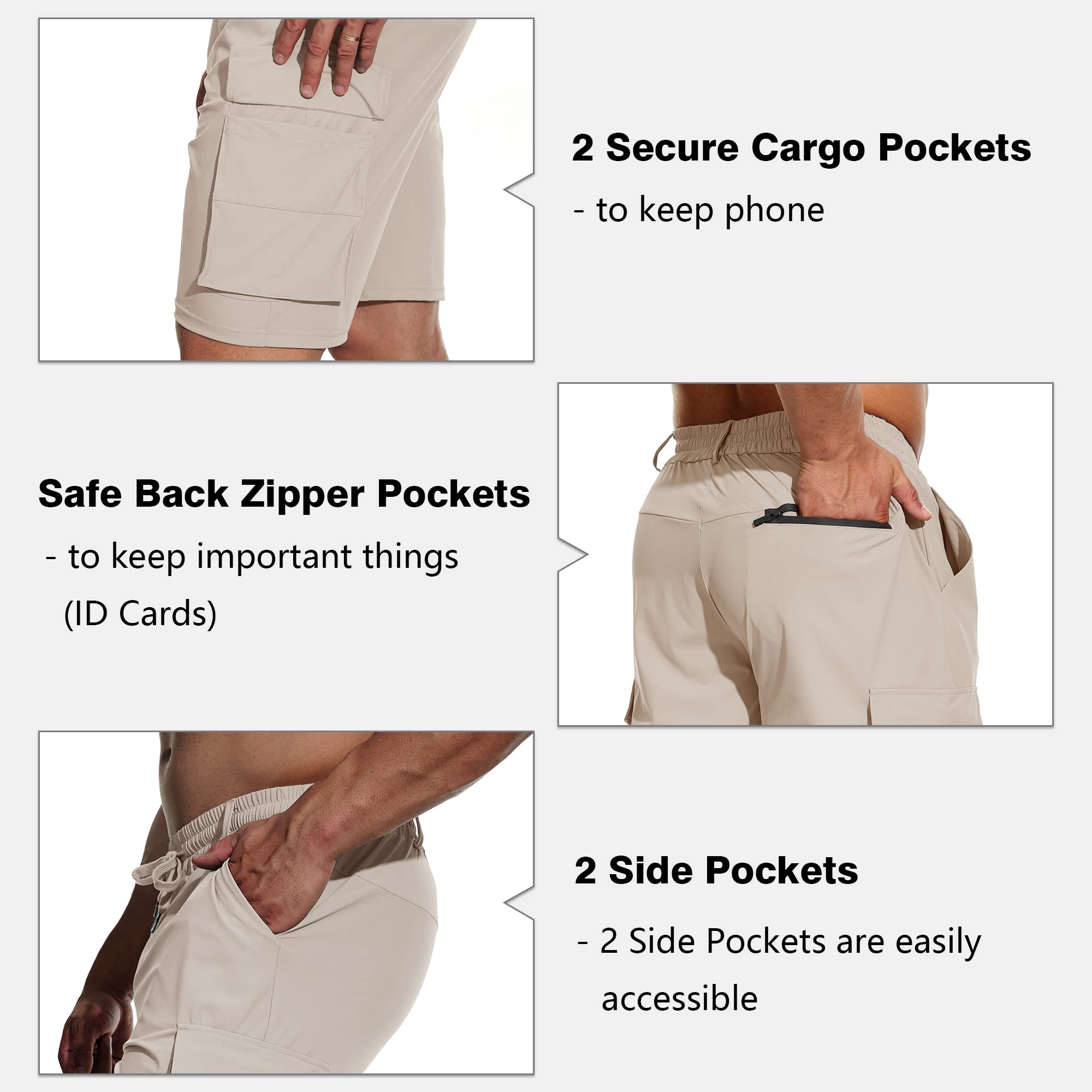 NeedBo Mens Hiking Cargo Shorts Quick Dry Outdoor Stretchy Tactical Shorts with Multi Pockets for Camping Fishing Khaki L