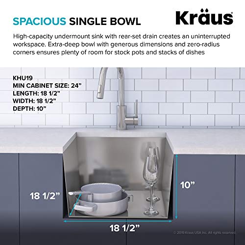 KRAUS Pax 18 1/2-inch 18 Gauge Undermount Single Bowl Stainless Steel Kitchen Sink, KHU19