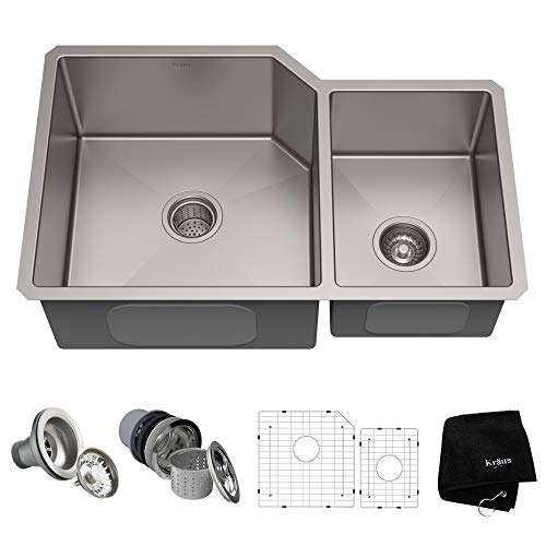 KRAUS Standart PRO 32-inch 16 Gauge Undermount 60/40 Double Bowl Stainless Steel Kitchen Sink, KHU123-32