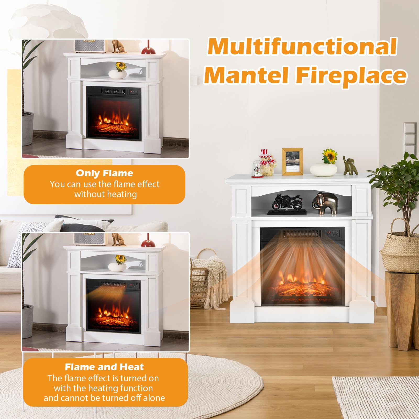 LDAILY 32" Electric Fireplace with Mantel, Freestanding Wooden Surround with 1400 W Fireplace Insert, 3D Realistic Flame, Remote Control, Overheating Safety System, Fireplace for Home RV, White