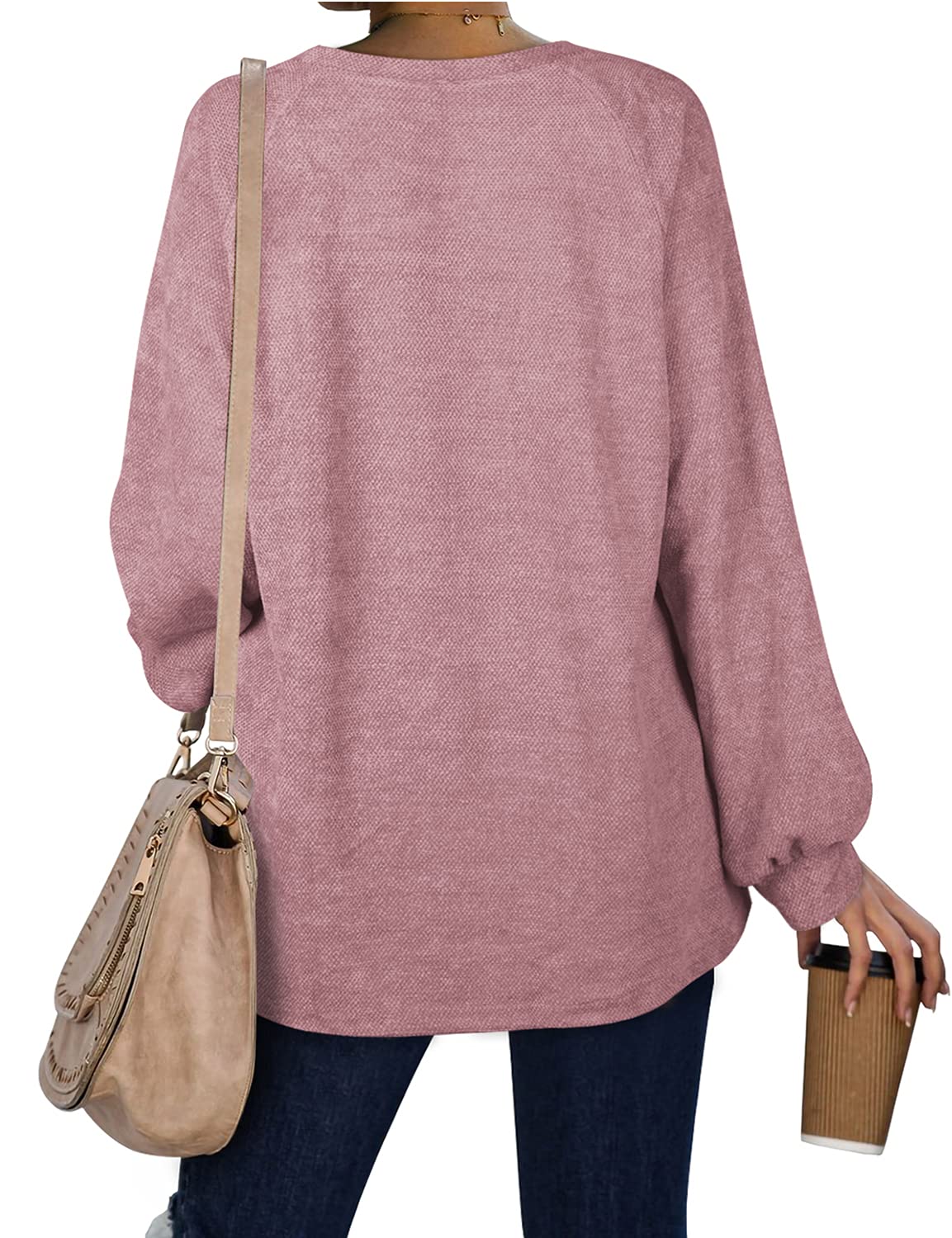 OFEEFAN Oversized Pullover Chenille Sweaters for Women Crewneck Balloon Sleeve Shirts Pale Mauve XL