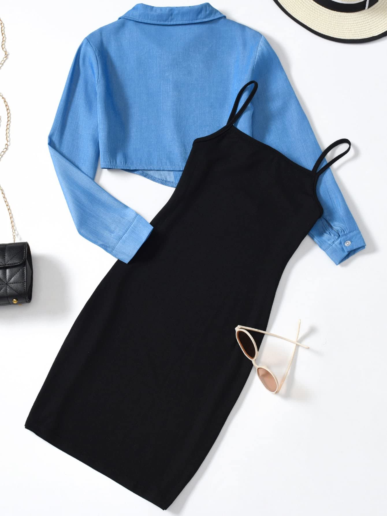 OYOANGLE Girl's 2 Piece Outfit Butterfly Patched Cami Dress with Long Sleeve Button Down Crop Shirt Set Blue and Black 11-12Y