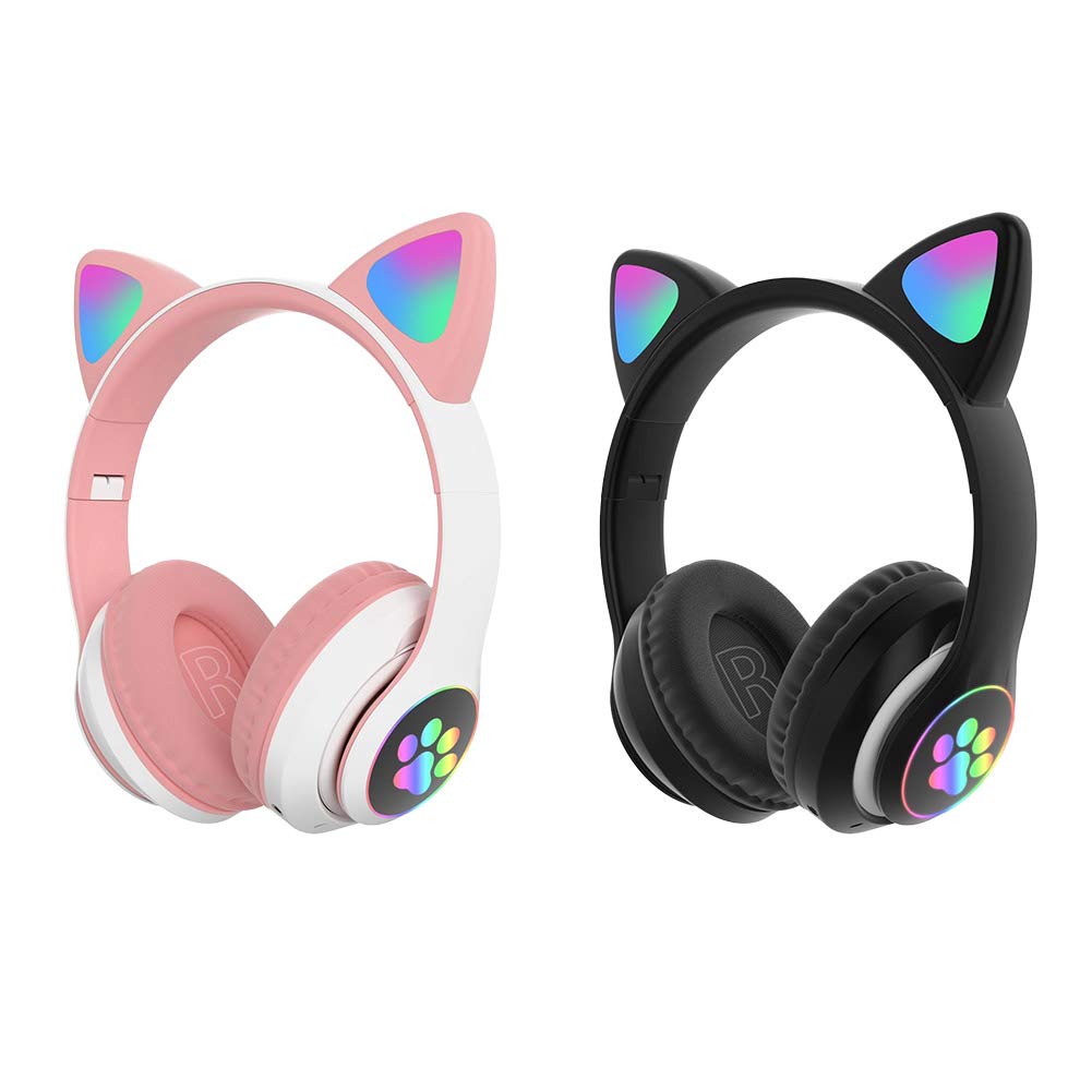 LVOERTUIG Gaming Headset Fashion Bluetooth 5.0 Kids Adult Cat Ear LED Light Up Wireless Gaming Headset Foldable and Stretchable Reduction Headphones Computer Gaming Headphone