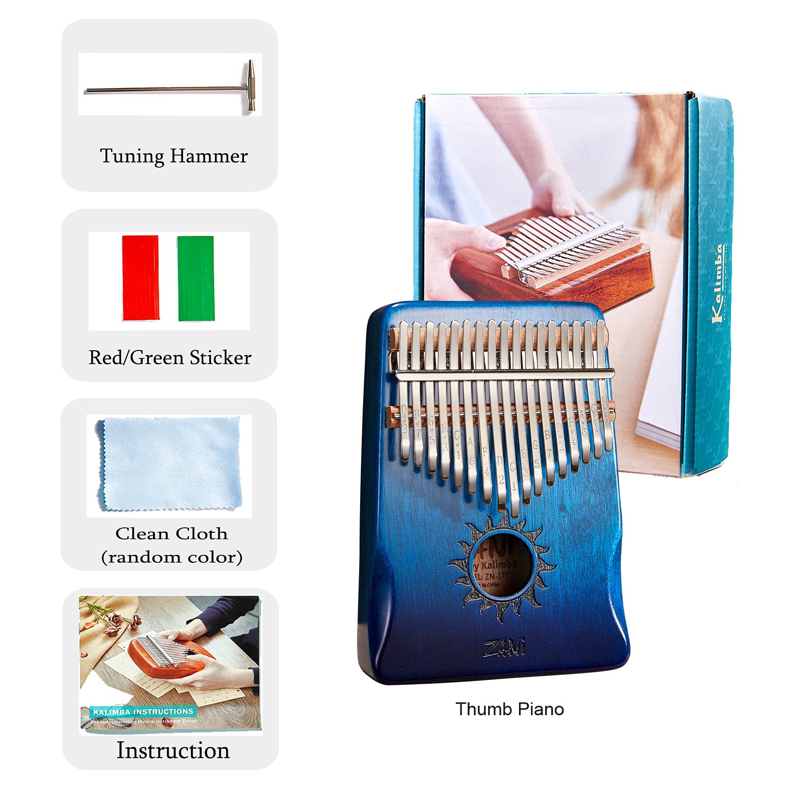 LvPets Kalimba 17 Key Thumb Piano Mahogany Helios Pattern Finger Piano Handhold Mbira Portable Premium Musical Instrument Gift for Kids Amateur and Beginner (Gradient Blue)
