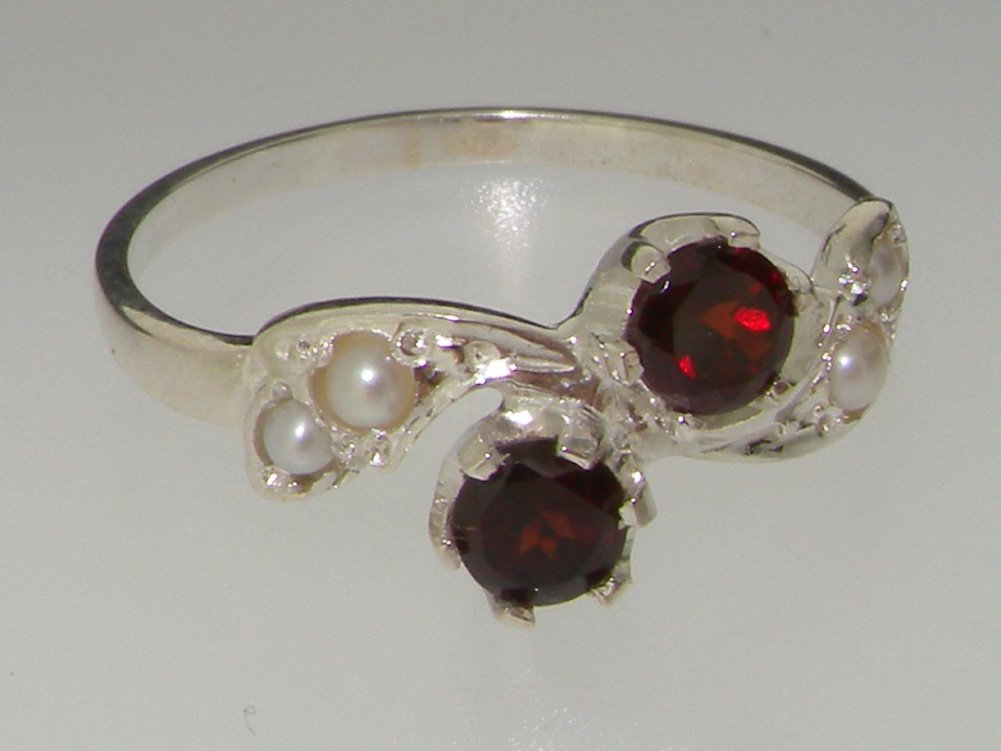 LetsBuyGold 925 Sterling Silver Natural Garnet and Cultured Pearl Womens Band Ring - Sizes 4 to 12 Available