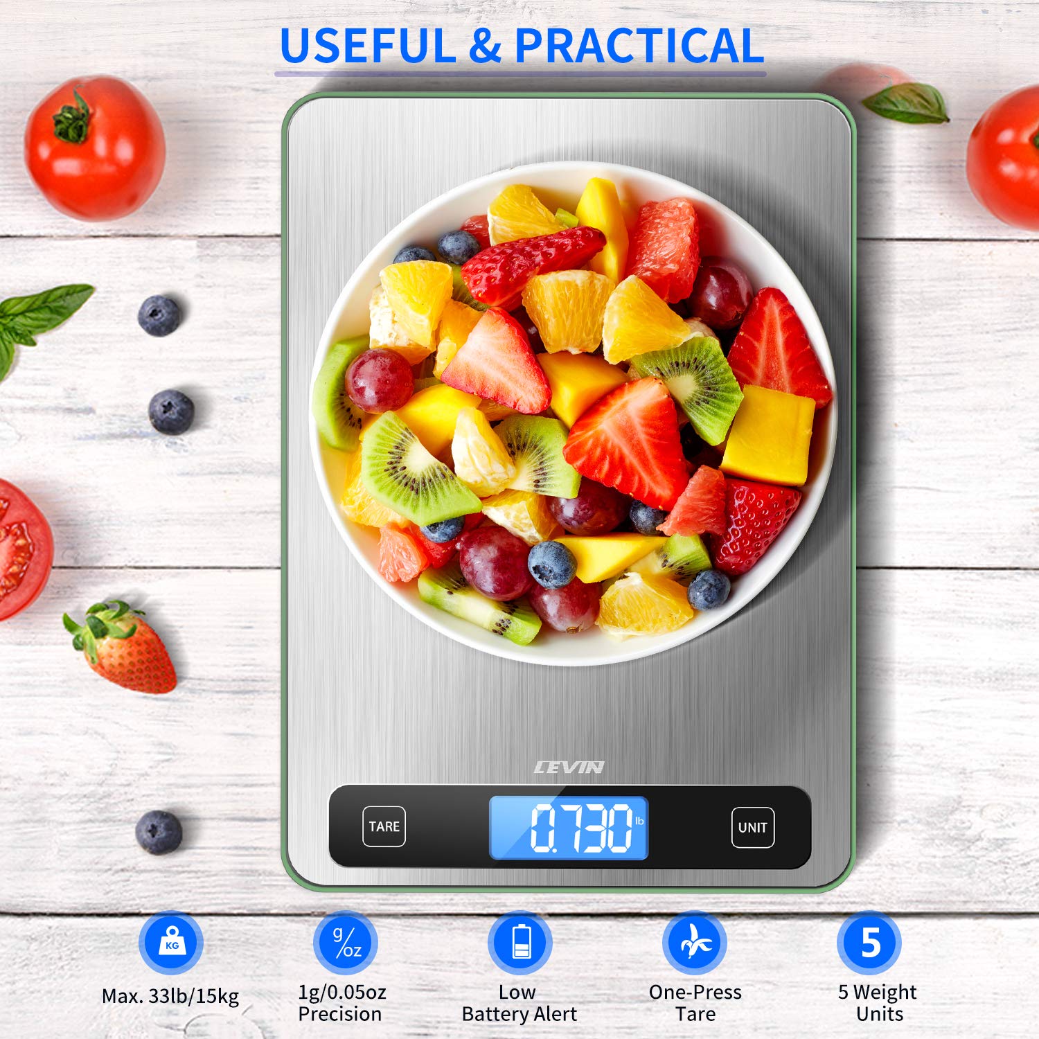 LEVIN Food Scale, 33lb Digital Kitchen Scale with 1g/0.05oz Precise Graduation, 5 Units LCD Display Scale for Cooking/Baking in KG, G, oz, ml, and lb, Easy Clean Stainless Steel and Tempered Glass