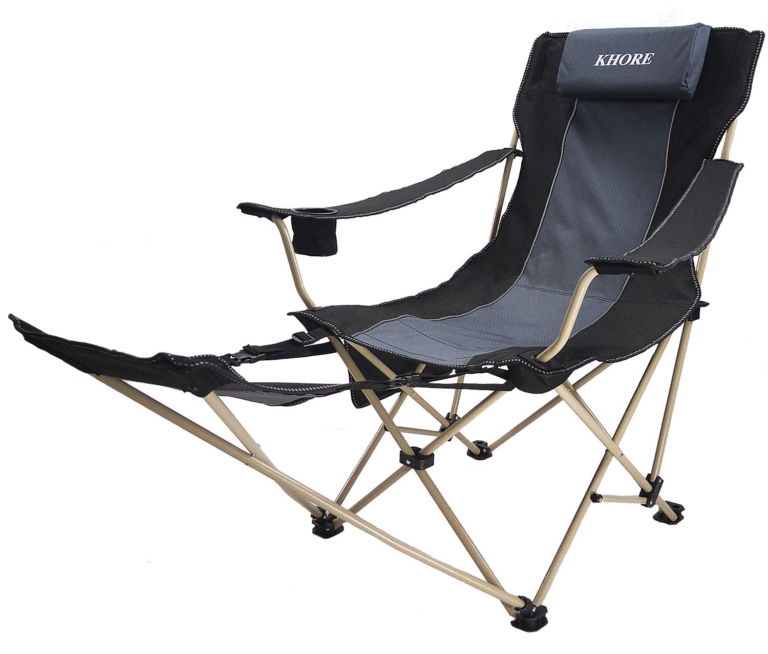 KHORE Camping Folding Portable Recliner Chair with Adjustable and Removabel Footrest (Black)