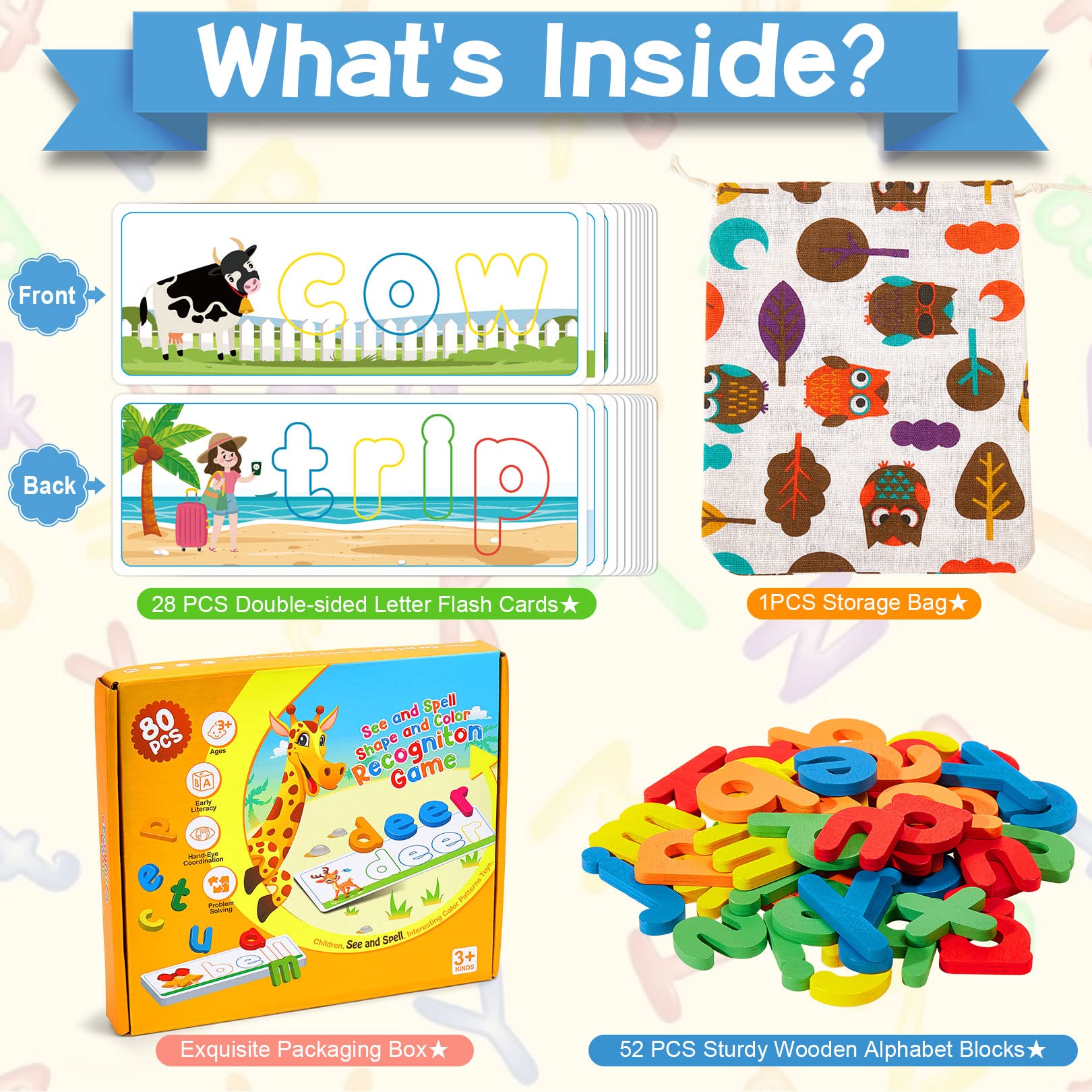 See & Spell Learning Educational Toys for 3-6 Year Old Boys & Girls - 80 Pcs CVC Word Builder Set with Alphabet & Color Recognition, Ideal for Preschool, Kindergarten Learning Activities & Gifts