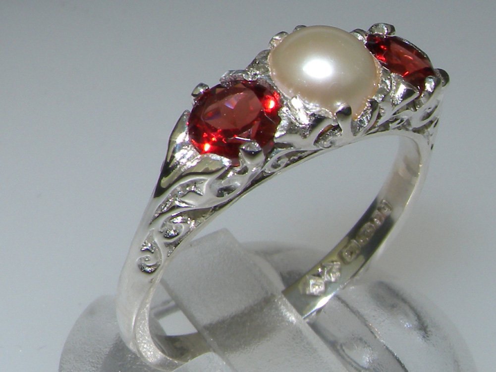 LetsBuyGold 925 Sterling Silver Cultured Pearl and Garnet Womens Band Ring - Size 7