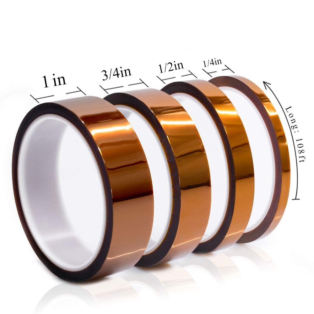 MYJOR High Temperature Tape, 1 mil Kapton Tape, Polyimide Tape, Professional for Protecting CPU, PCB Circuit Board, 1/4", 1/2", 3/4", 1"- 4 Rolls,No Residue.