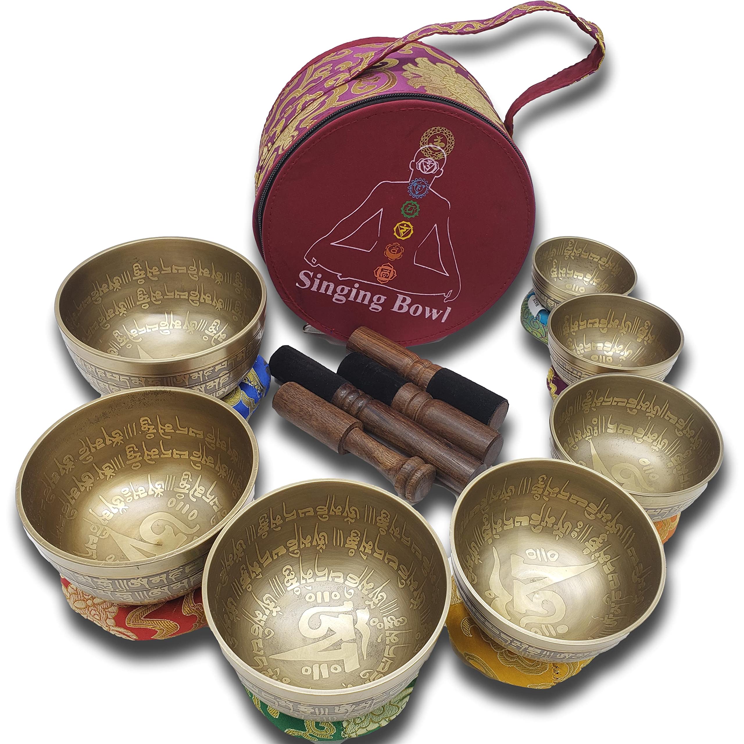 Khusi Tibetan singing bowls chakra sets, hand carved buddha mantra and symbol, sets of seven divine sound bowl.