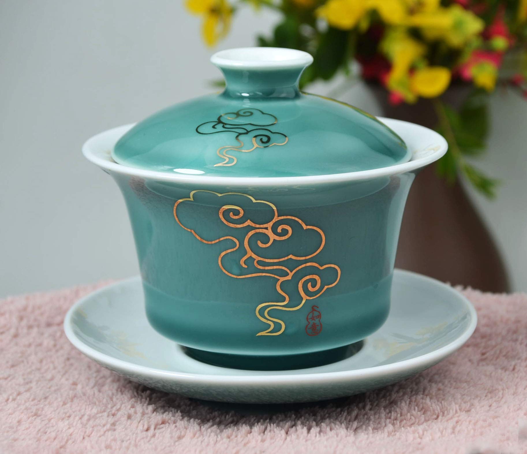 Porcelain Gaiwan 5oz /150ml Teacup White Glazed Classical Chinese Auspicious Clouds Tea Cup Tureen Sancai Cover Bowl Lid Cup Saucer Set (Green)