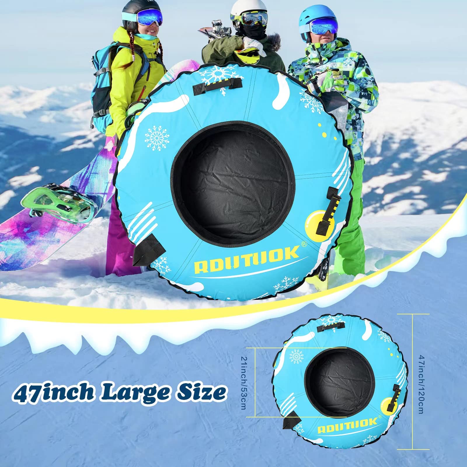 Rdutuok 47 Inch Inflatable Heavy Duty Snow Tube with Premium Canvas Cover and Nylon Tow Strap Safety Cushion Snow Tubes for Sledding