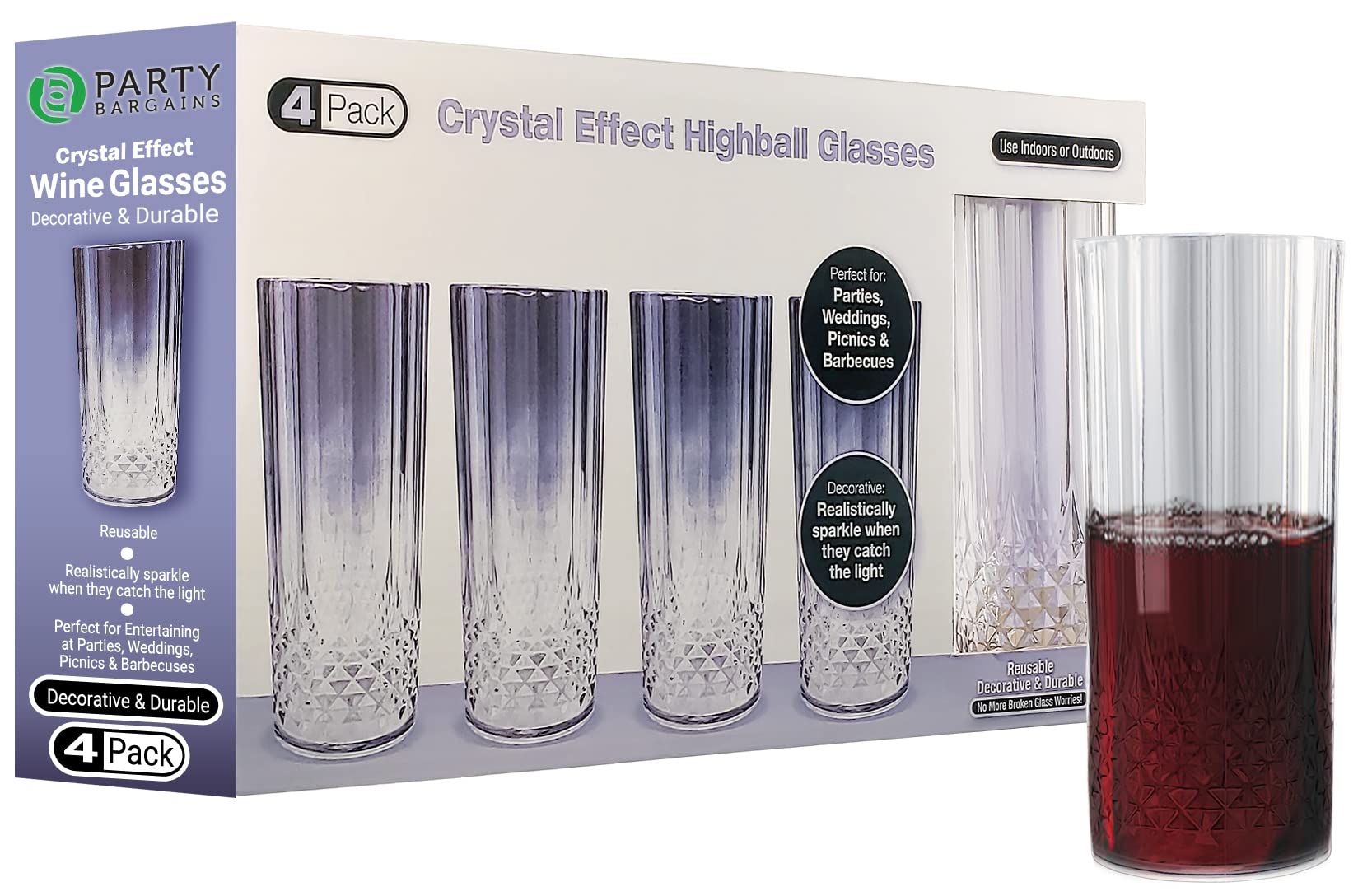 PARTY BARGAINS 8 Crystal-Like Highball Glasses (14oz) - Disposable Shatterproof Elegant Design Glass Sets for Drinking, For Pool Parties, Outdoors Receptions, Weddings