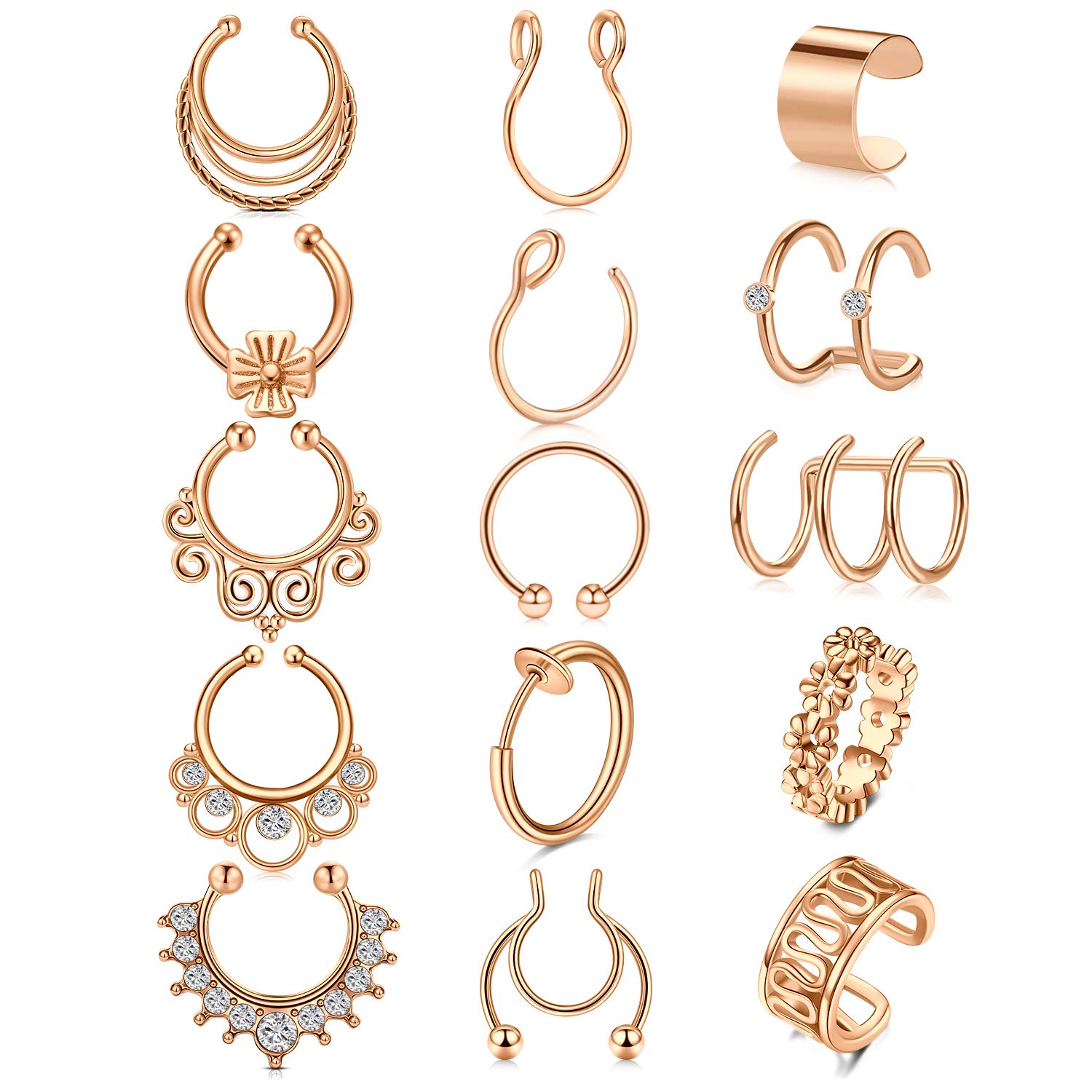 MODRSA Fake Septum Nose Hoop Rings Stainless Steel Faux Lip Ear Cuff Earrings Spring Nose Face Septum Ring Non Piercing Clip On Nose Rings Hoops Silver Rose Gold Black