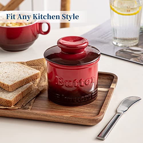 Porcelain French Butter Crock, LOVECASA Butter Dish for Counter with Water Line, Butter Keeper with Lid, Ceramic Butter Container, No More Hard Butter, Perfect Spreadable Consistency(Red)