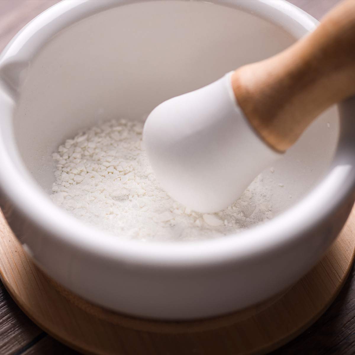 Porcelain Mortar and Pestle Set – Pill Crusher, Spice Grinder, Herb Bowl, Pesto Powder – Molcajete for Salt - Plus Lid/Non-Slip Base