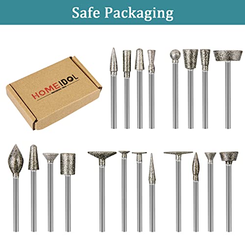 Stone Carving Set Diamond Burr Bits Compatible with Dremel, 20PCS Polishing Kits Rotary Tools Accessories with 1/8’ Shank For Carving, Engraving, Grinding, Stone, Rocks, Jewelry, Glass, Ceramics