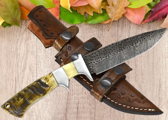 PSK83 - Handmade Damascus Hunting Knife Ram Horn Handle Full Tang Fire & Raindrop Patter - (PSK-83)