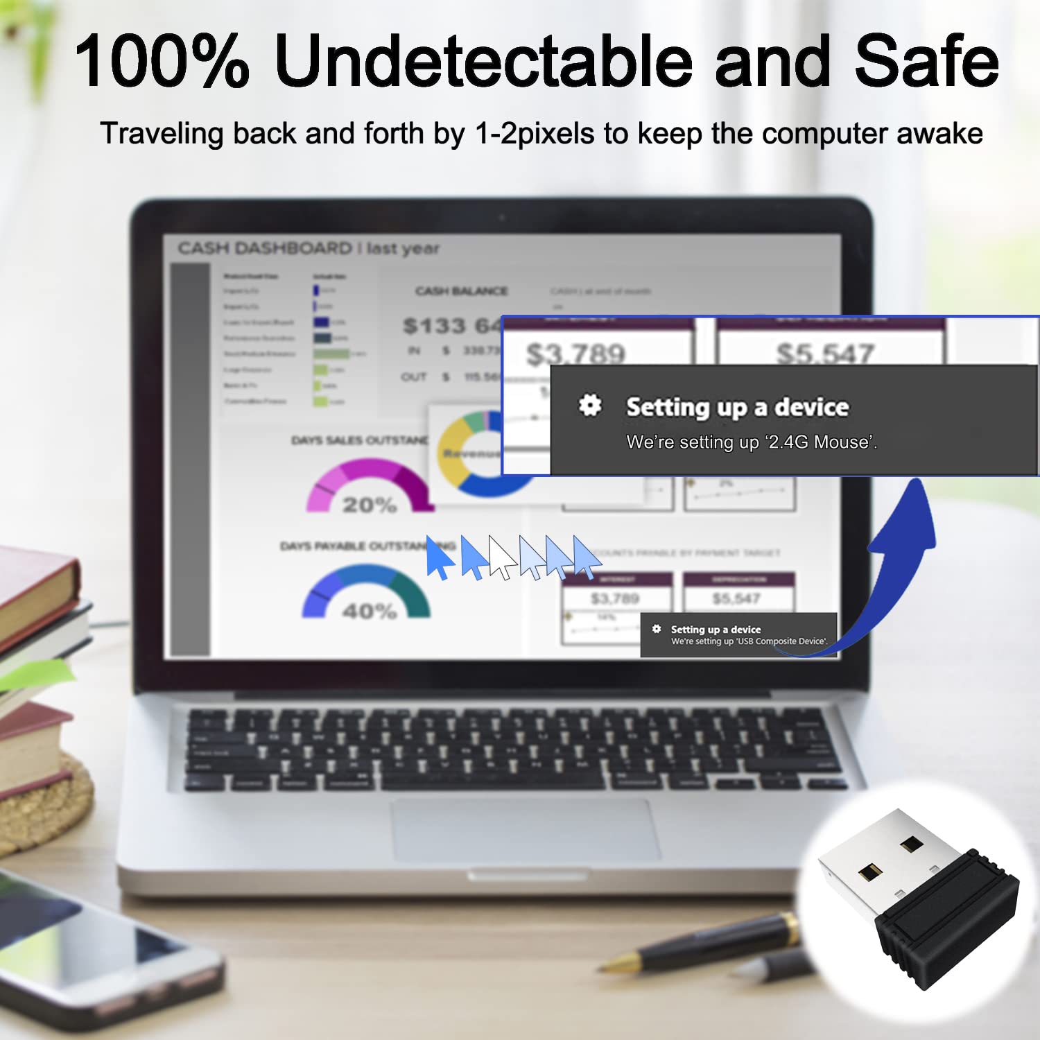 Undetectable Mouse Jiggler and USB C Adapter, Drive Free, Plug and Play Keeps PC/Laptop Awake