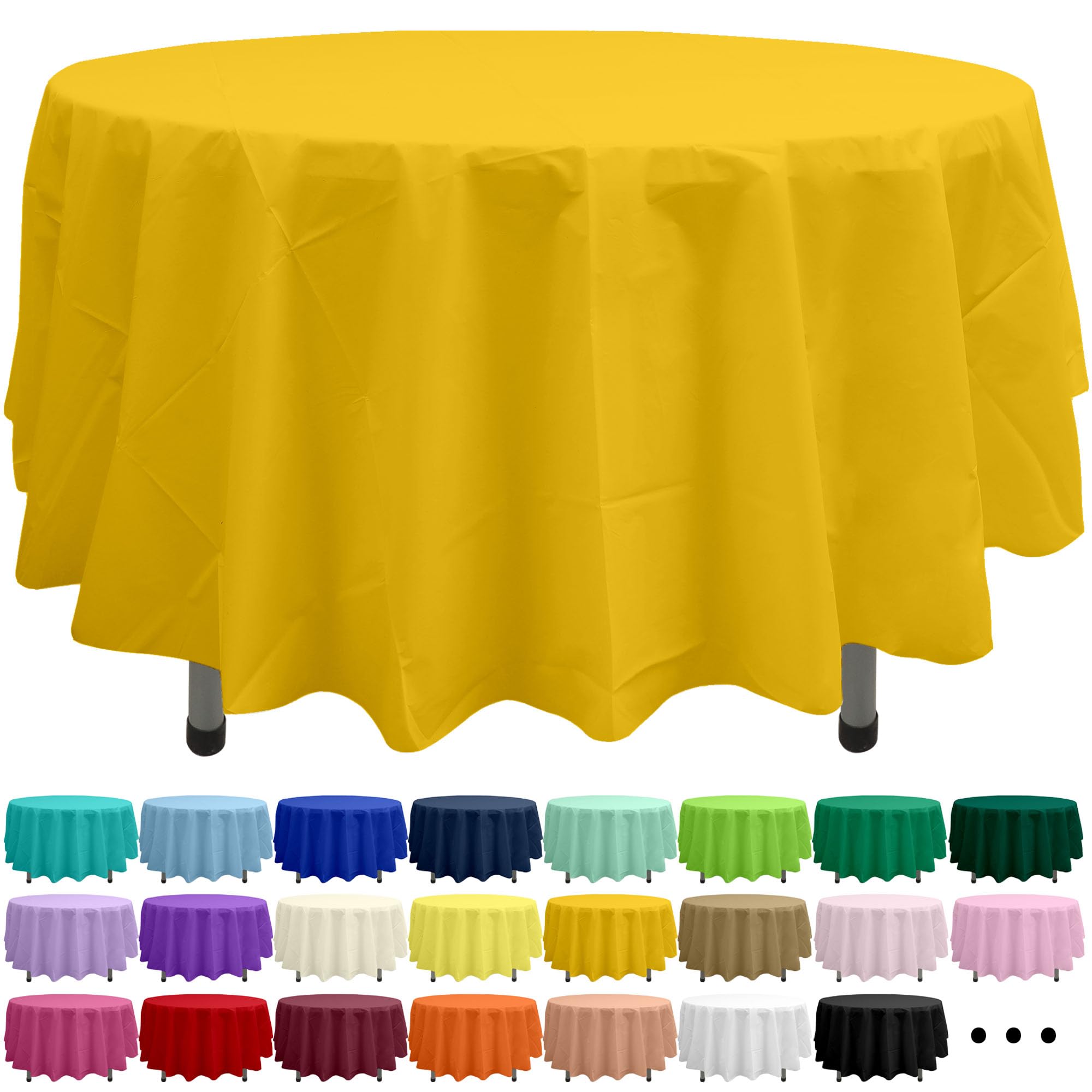PARTY ULYJA Yellow 2 Pack Plastic Tablecloth Round 84 Inches Disposable Sunny Mustard Yellow Durable Table Covers for Dining, Birthday, Wedding, Picnic, Event and Outdoor Use