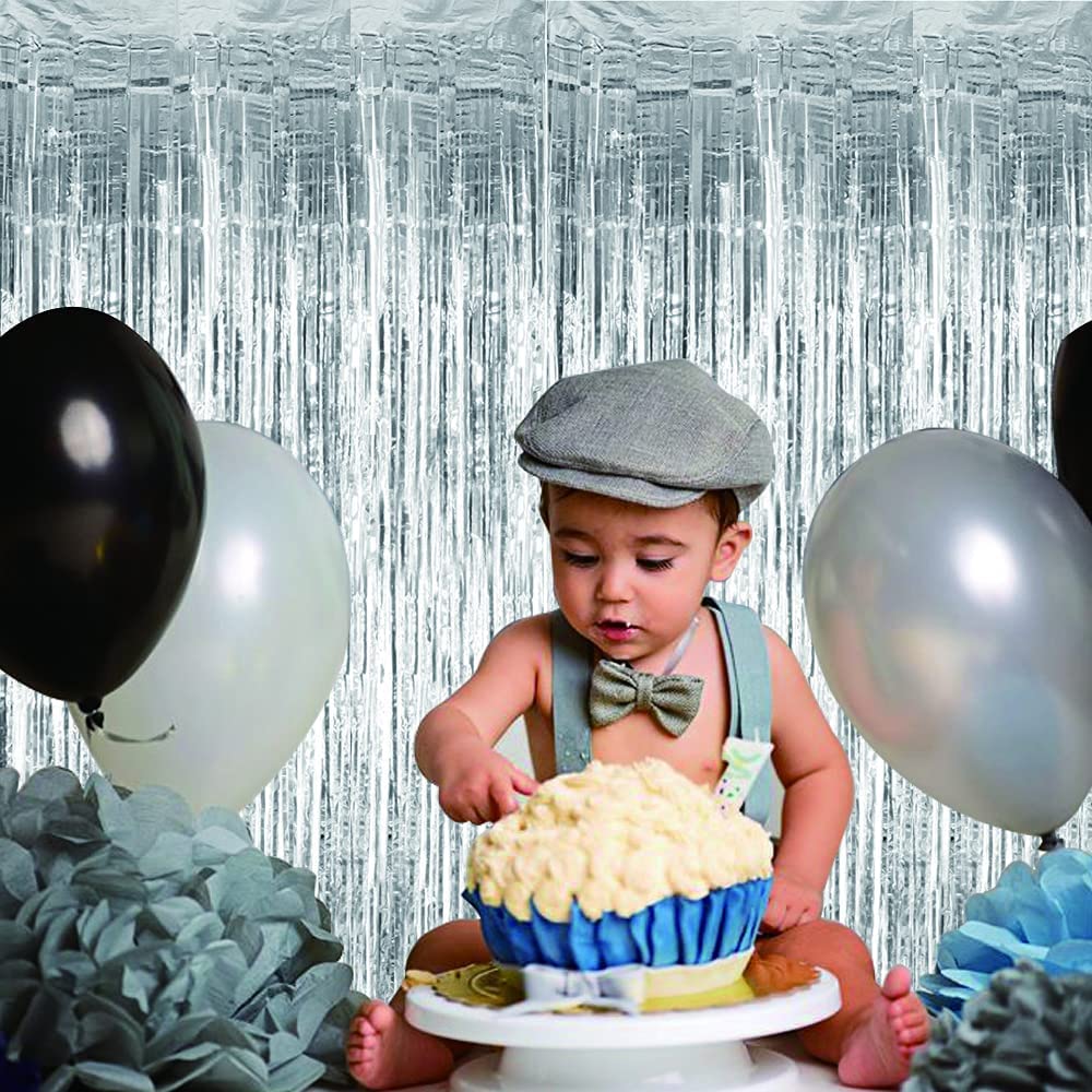 TONIFUL 3Pcs Silver Door Streamers,Silver Photo Booth Backdrop Metallic Streamers Silver Foil Fringe Curtains for Birthday,Christmas,New Year,Bachelorette,Grad Party Streamers Decor(9.9ft x 8.2ft)