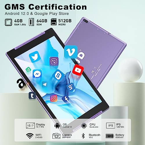 TJD Android 12 Tablets,10.1 inch Tablet PC, 4GB RAM 64GB ROM 512GB MicroSD, FHD IPS Display, Dual Camera, Double Stereo Speakers, Wi-Fi5.0/2.4, Bluetooth5.0, Google GMS Certified (Purple)